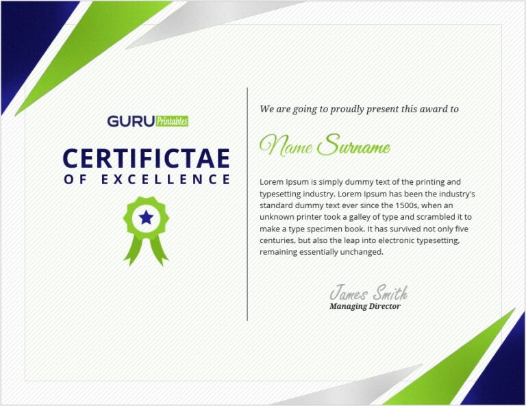 Printable Certificate of Excellence Template - Guru Printables