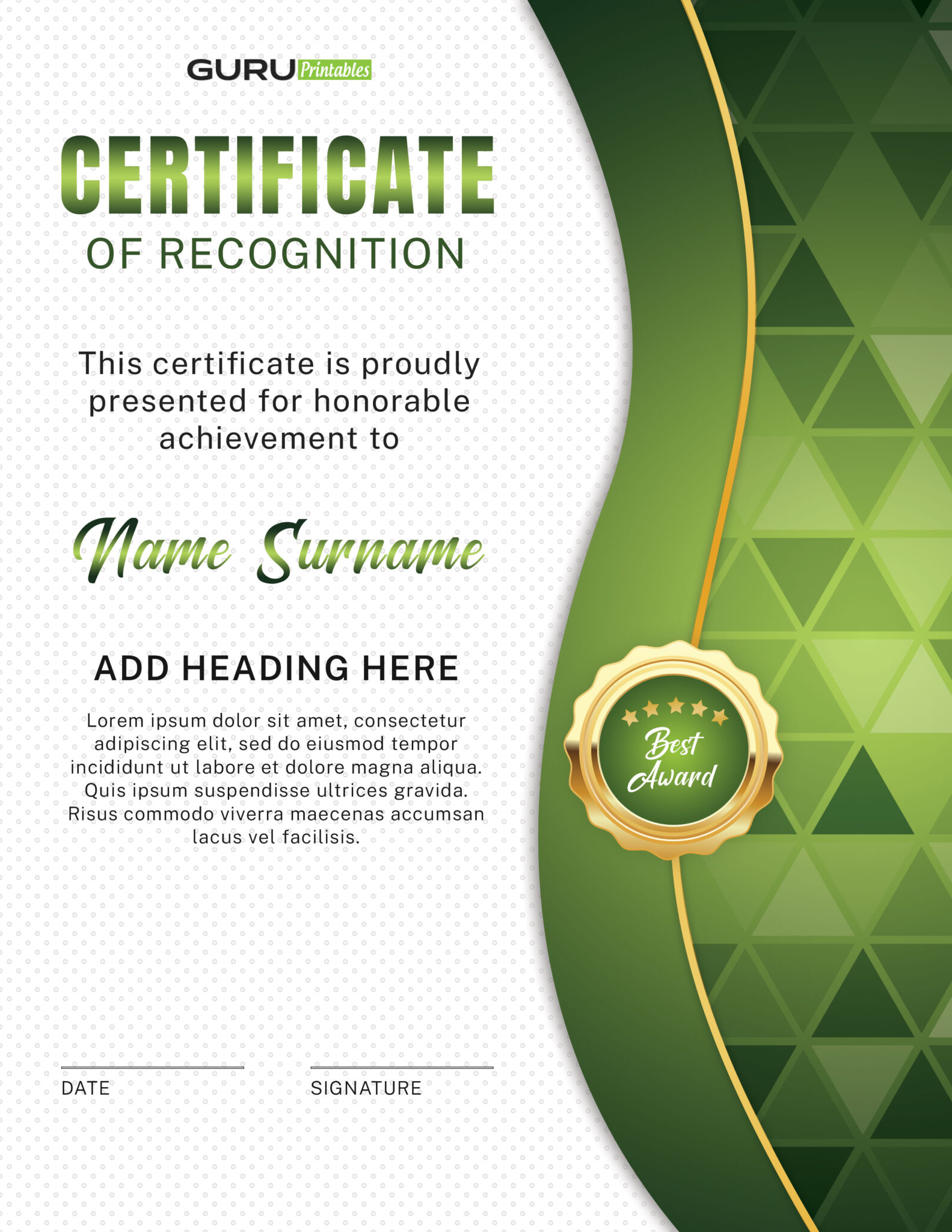 Printable Certificate of Recognition Template - Guru Printables